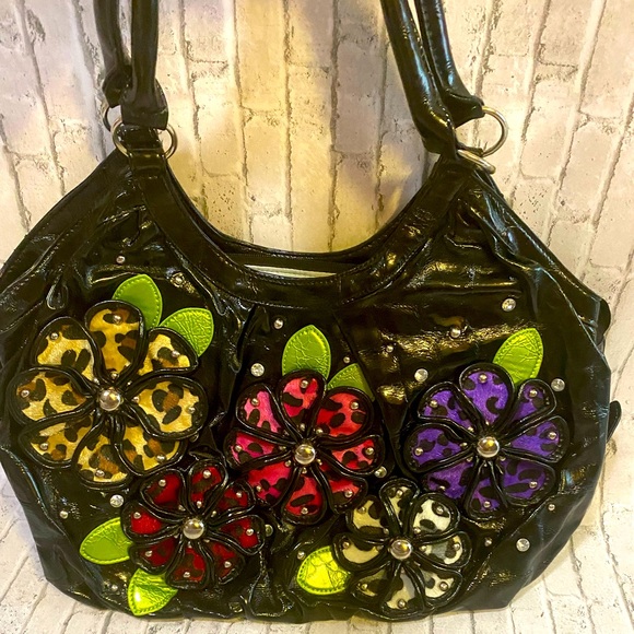 Bags | Black Purse With Floral Animal Prints Embellished With Stones ...
